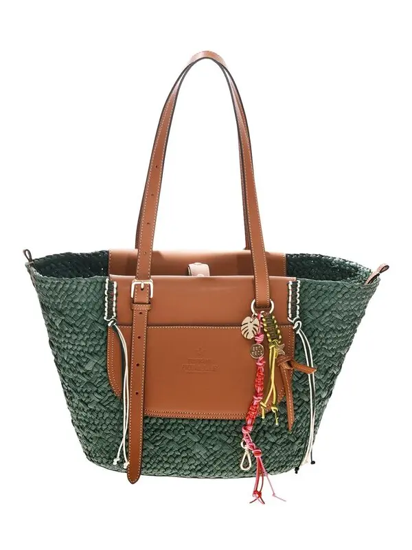 CUBA LAB Tropicana Leather And Raffia Shopper Bag - Green