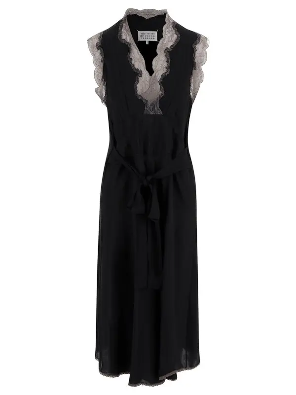 MAISON MARGIELA Mixed Silk Dress With Lace Inserts - Black
