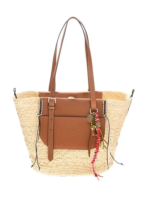 CUBA LAB Tropicana Leather And Raffia Shopper - Natural