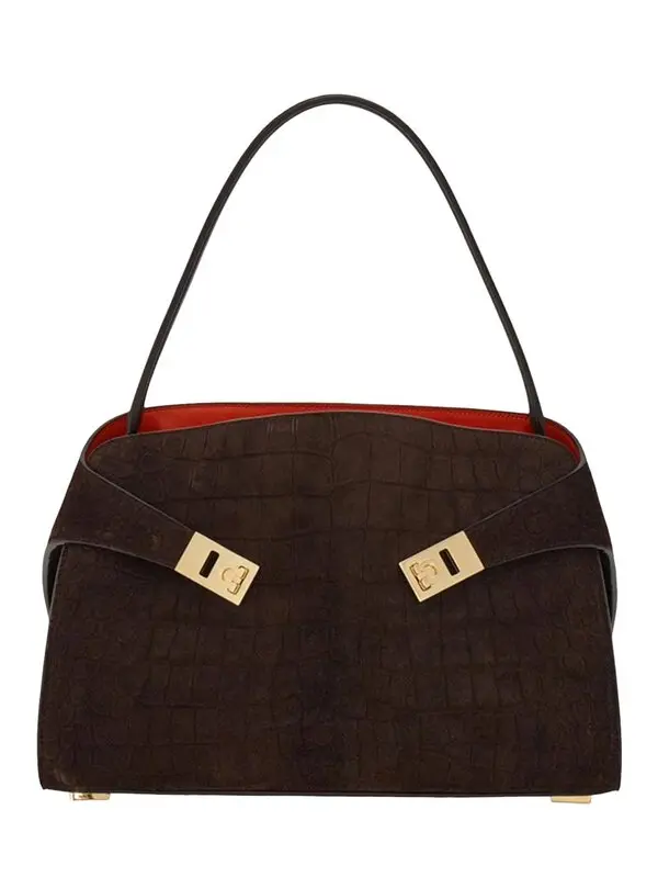 FERRAGAMO Hug Soft Suede Shoulder Bag - Marrone Scuro
