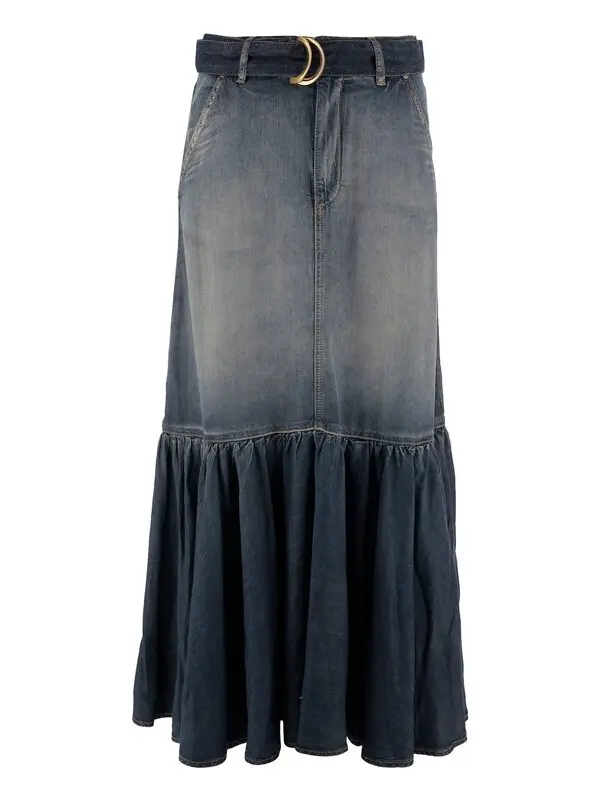Pinko Lyocell And Cotton Denim Skirt With Belt - Denim Scuro