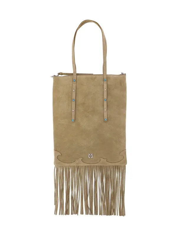 Pinko Suede Shopping Bag With Fringes - Beige