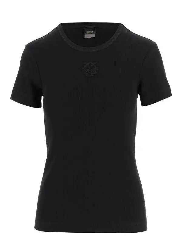Pinko Stretch Cotton T-shirt With Embroidery - Black