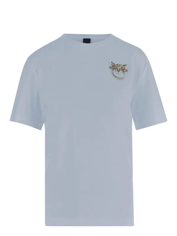 Pinko Cotton T-shirt With Crystal Logo - Light Blue