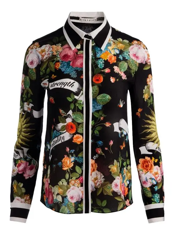 Alice + Olivia Printed Silk Shirt - Black