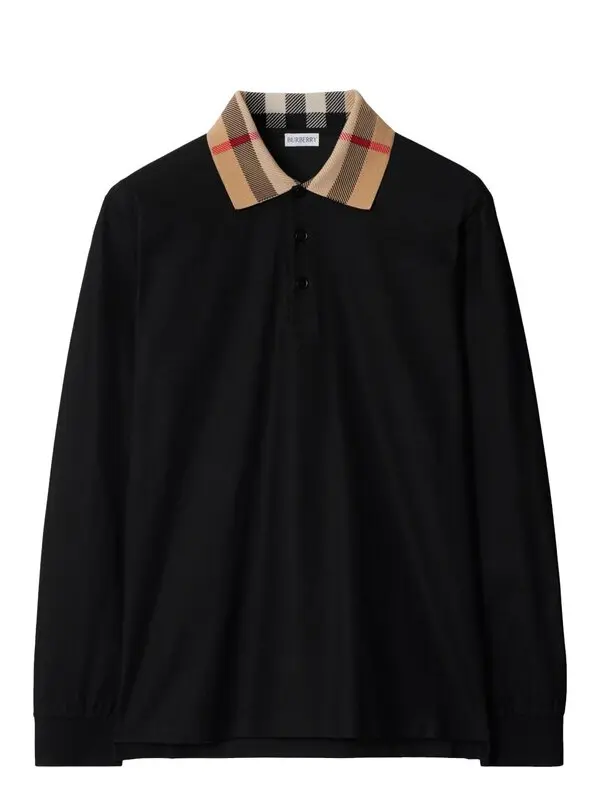 Burberry Check Collar Cotton Polo Shirt - Black