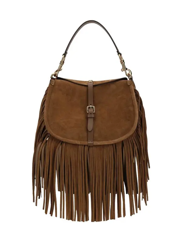 Etro Suede Leather Shoulder Bag With Fringe - Leather Brown