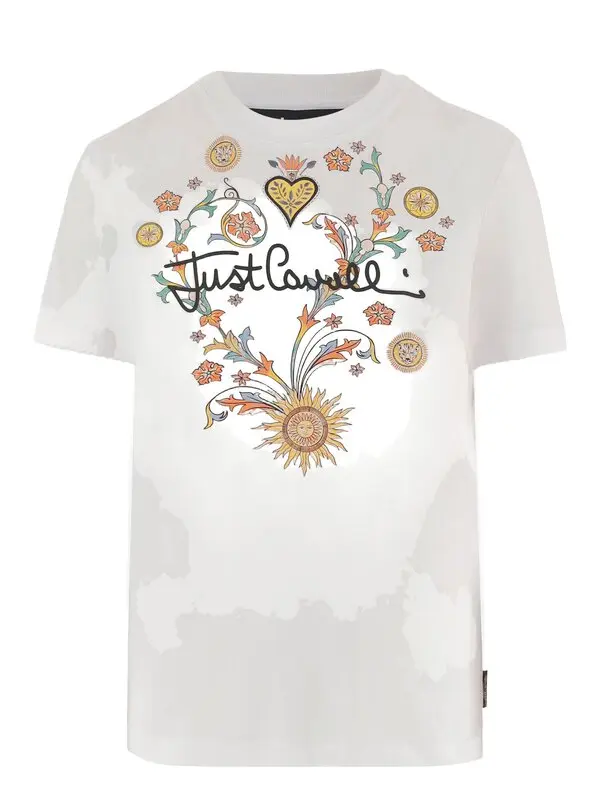 Just Cavalli Cotton T-shirt With Floral And Ornamental Print - White