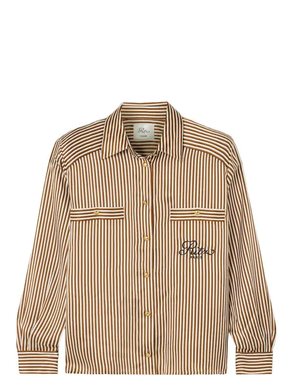 FRAME Ritz Paris Embroidered Striped Silk-satin Shirt - Brown