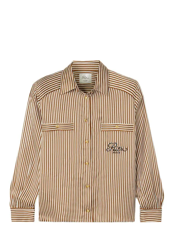 FRAME Striped Silk-satin Shirt With Embroidery - Tan