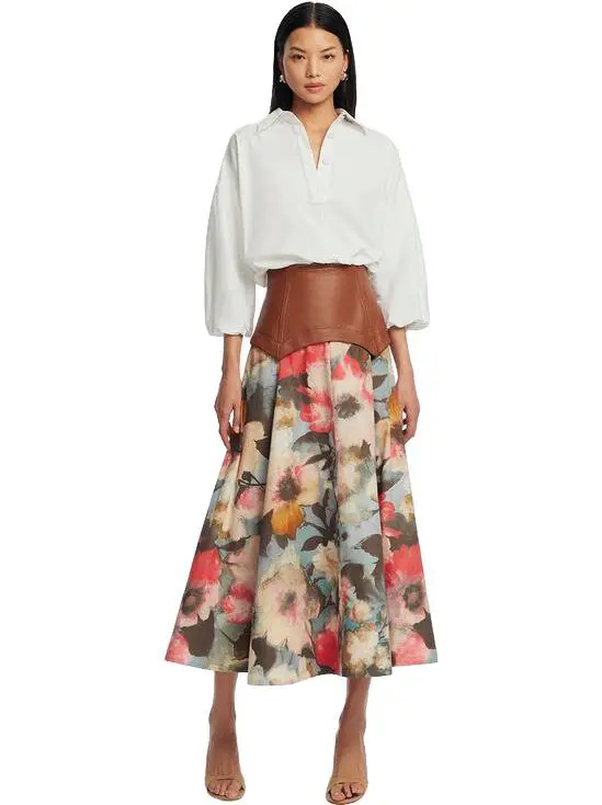 Lela Rose Printed Cotton Skirt With Leather Yoke - Floral