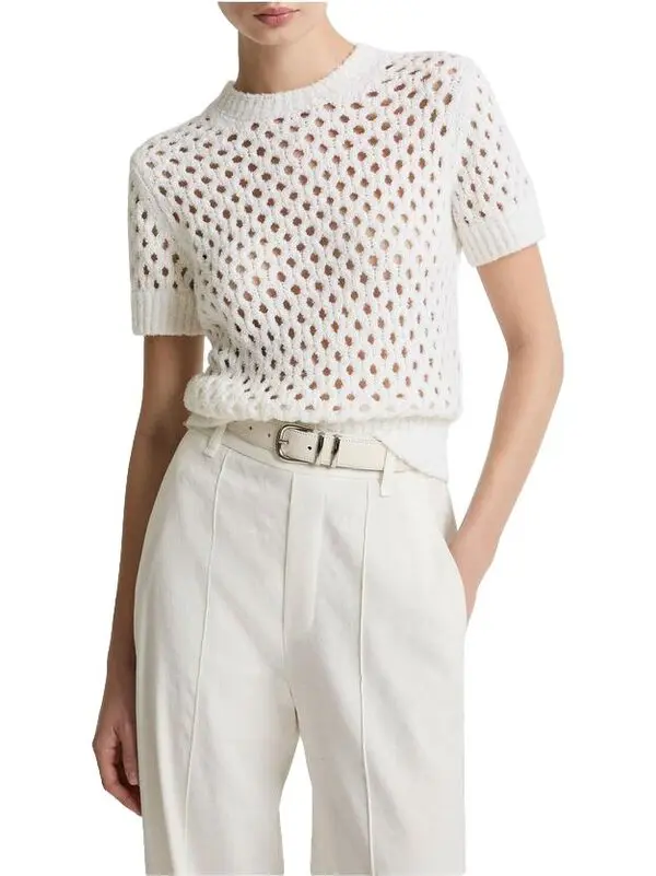 Vince Honeycomb Italian Cotton & Linen-blend Short-sleeve Sweater - White