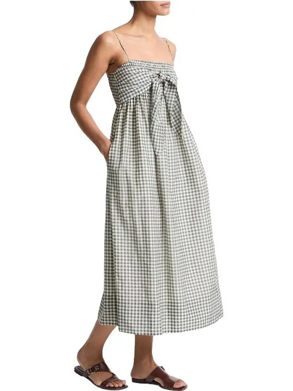 Vince Gingham Cotton-silk Smocked Tie Dress - White