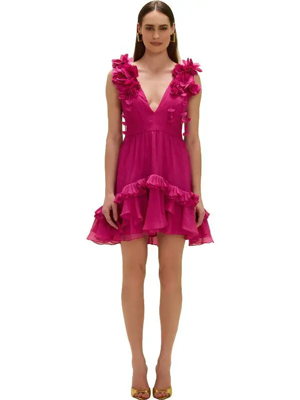 PatBO Chiffon Carmen Flowers Mini Dress - Pink