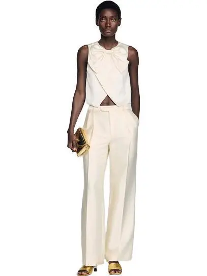 Sandro Sleeveless Satin-effect Crop Top With Appliqué Bow - Neutral / White