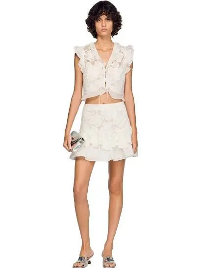 Sandro Floral Guipure Mini Skirt - White