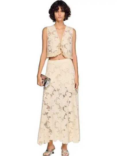 Sandro Floral Guipure Maxi Skirt - Neutral / White