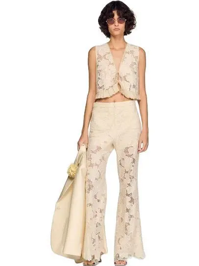 Sandro Floral Guipure Maxi Skirt - Neutral / White