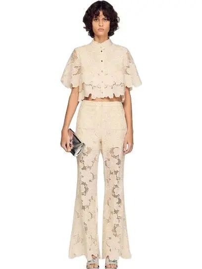 Sandro Floral Guipure Lace Trousers - Neutral / White