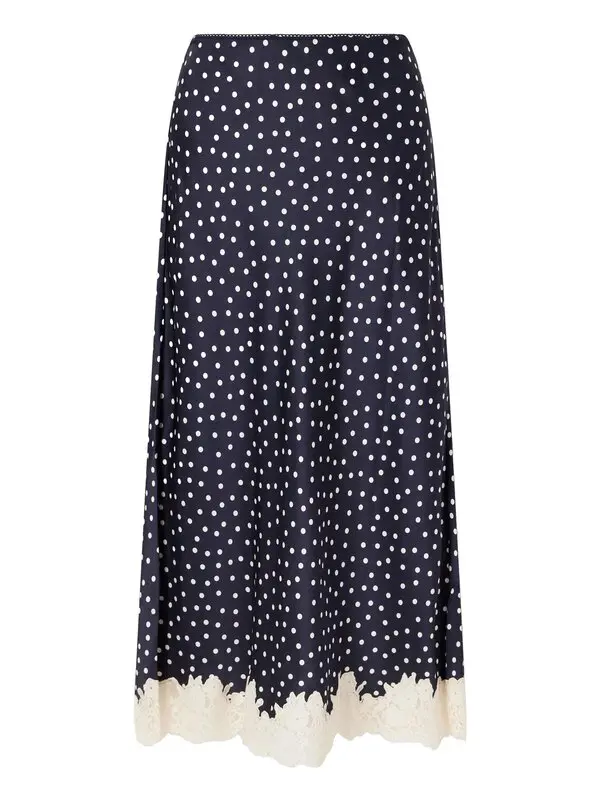 Rixo Matilde Lace-trimmed Polka-dot Satin Midi Skirt - Navy