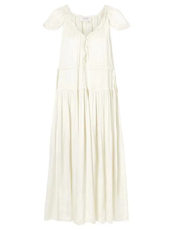 LA LIGNE Pintucked Ruffled Satin Midi Dress - Neutrals