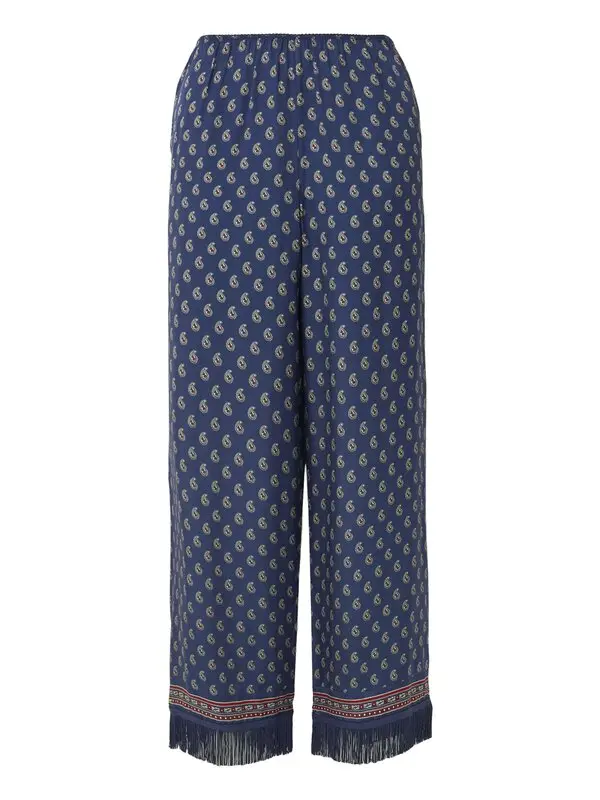 DÔEN Lavon Fringed Paisley-print Silk Pants - Navy
