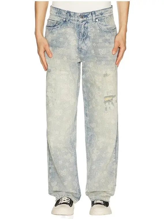 RYOKO RAIN Paisley Print Distressed Denim Jeans - Blue