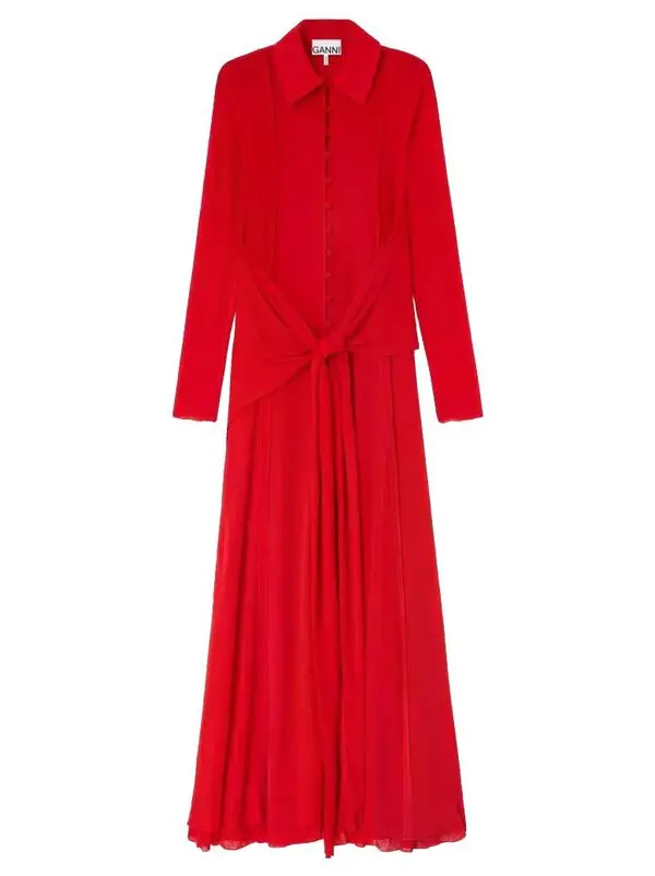 GANNI Buttoned Tie Maxi Dress - Red