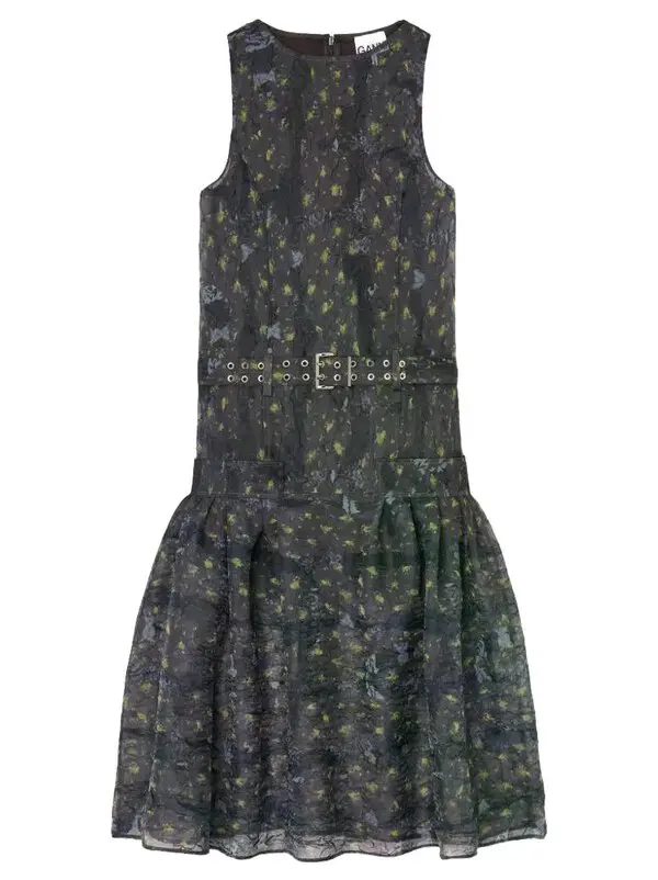 GANNI Floral Belted Midi Dress - Grey