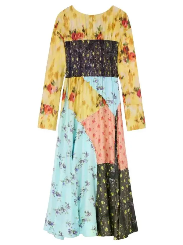 GANNI Shirred Patchwork Floral Maxi Dress - Yellow