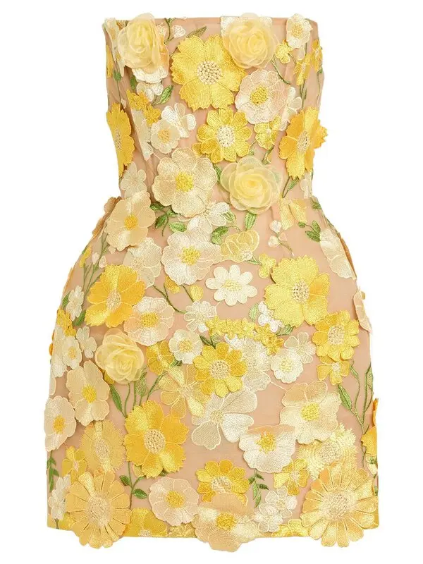 BRONX AND BRONCO Jasmine Maraya Embroidered Tulle Mini Dress - Yellow