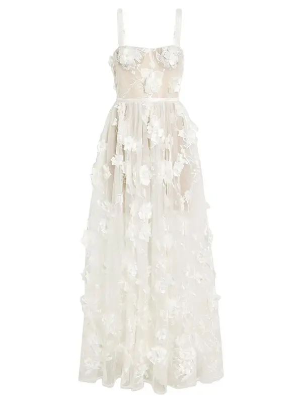 BRONX AND BRONCO Anastasia Embroidered Tulle Maxi Dress - White