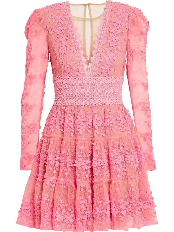 BRONX AND BRONCO Megan Tiered Guipure Lace Mini Dress - Bubblegum
