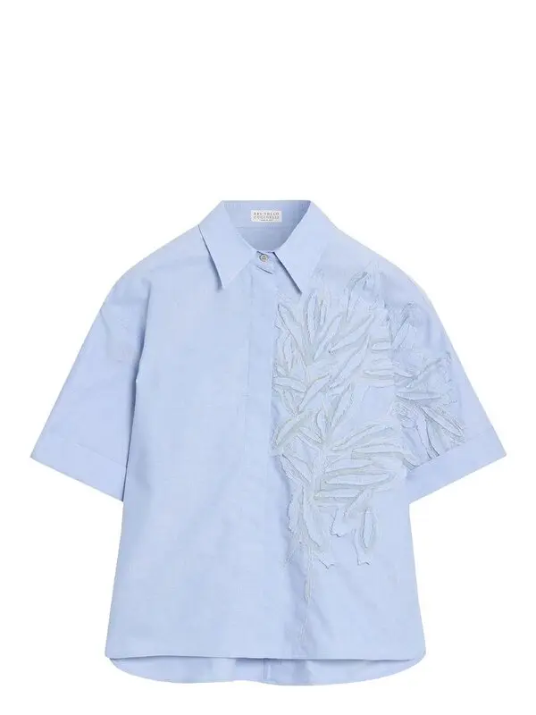 Brunello Cucinelli Embroidered Cotton Oxford Shirt - Light Blue