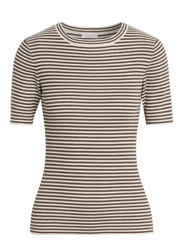 Brunello Cucinelli Metallic Striped Ribbed Top - Chocolate