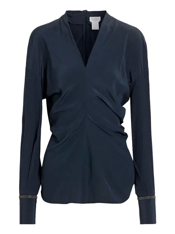 Brunello Cucinelli Bead-embellished Draped Silk Blouse - Midnight Blue