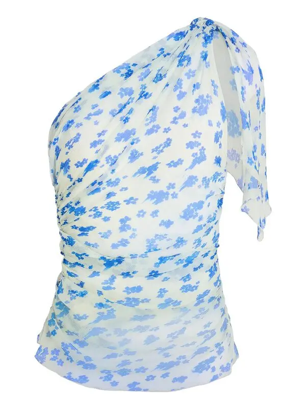 Victoria Beckham One-shoulder Floral-print Silk-crepon Top - Sky Blue
