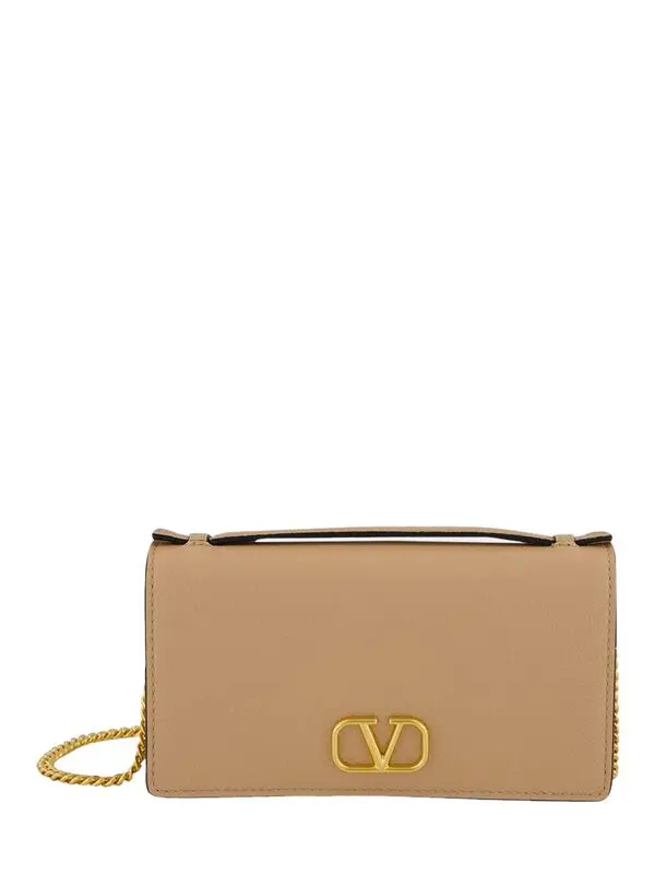 Valentino Garavani Leather Crystal Logo Clutch - Beige