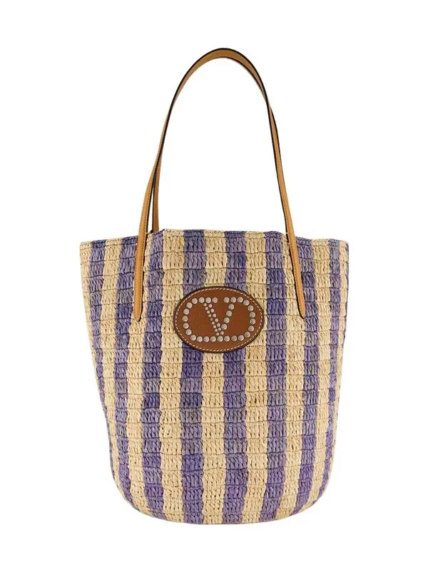 Valentino Garavani Natural And Striped Raffia Shopping Bag - Blue