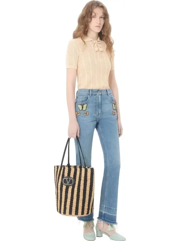 Valentino Garavani Natural And Striped Raffia Shopper - Black