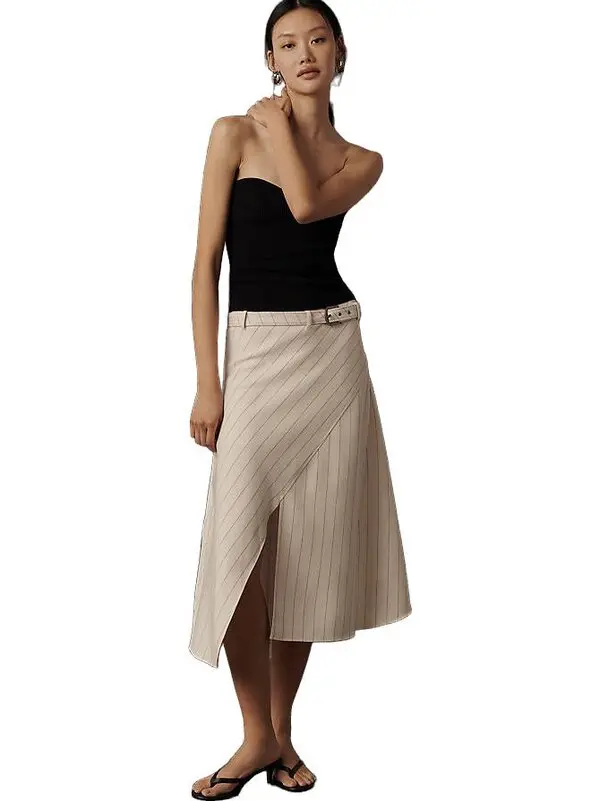 Anthropologie Asymmetric Midi Wrap Skirt - Ivory/black Pinstripe