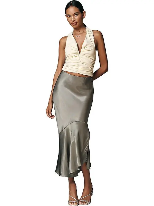 Maeve Satin Asymmetric Midi Skirt - Cool Olive