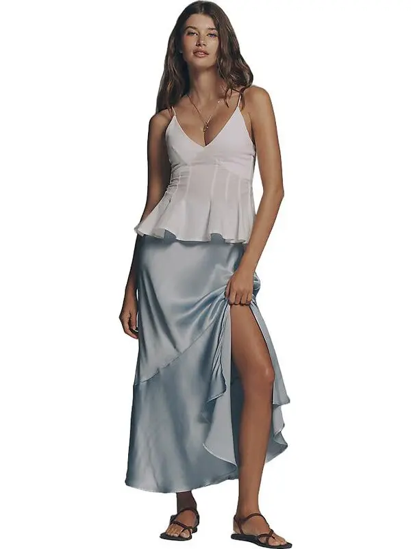 Maeve Satin Asymmetric Midi Skirt - Light Blue