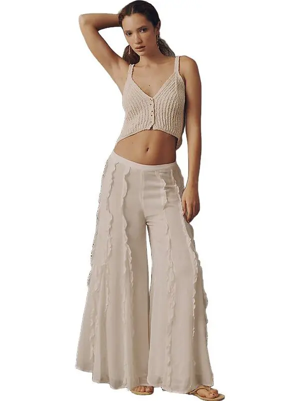 Anthropologie Sheer Ruffle Flare Pants - White Dahlia