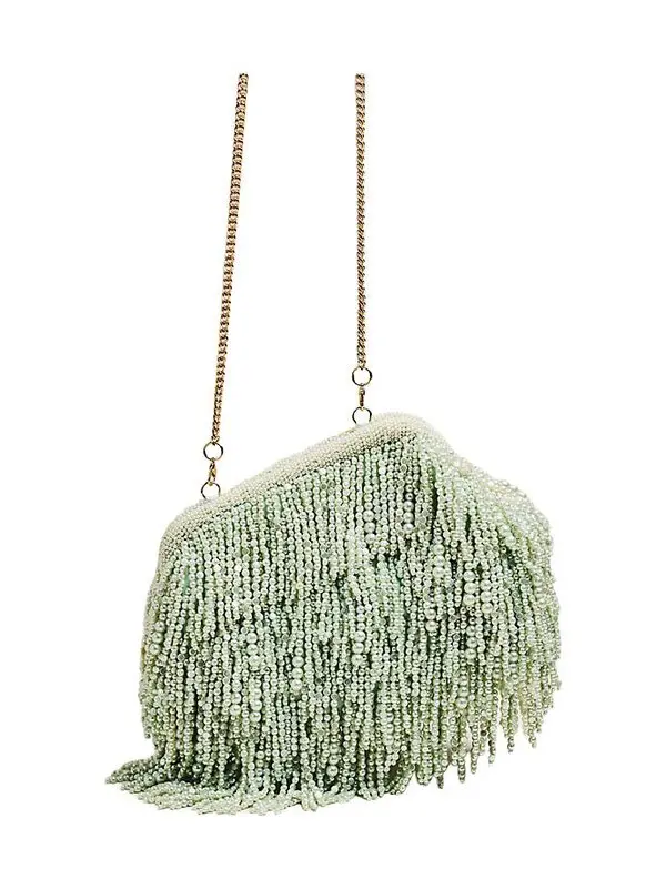 CELANDINE Beaded Pearl Fringe Clutch - Mint