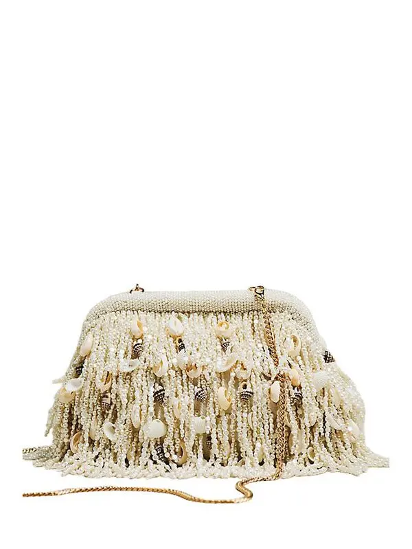 CELANDINE Beaded Pearl Fringe Clutch - Sea Shell