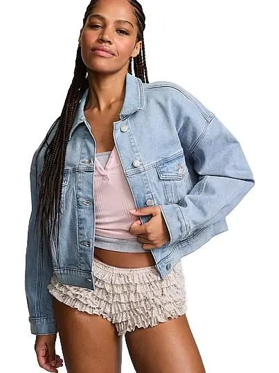Pink Denim Boyfriend Trucker Jacket With Diamanté Details - Blue