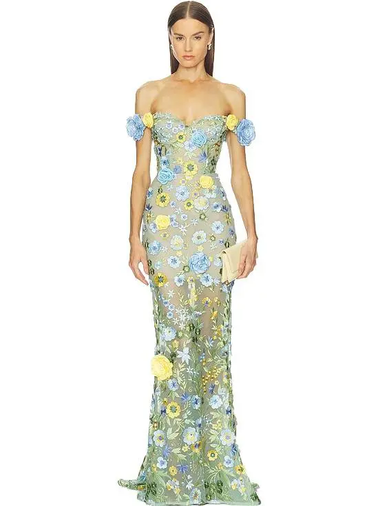 BRONX BANCO Off The Shoulder Gown With Floral Appliques - Teal