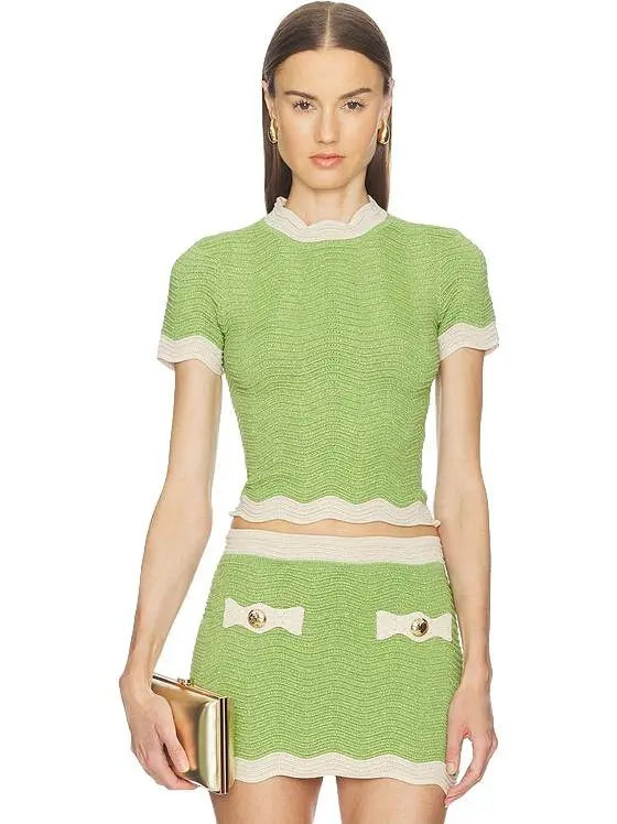 Retrofete Iyla Ribbed Knit Top With Scalloped Trims - Green