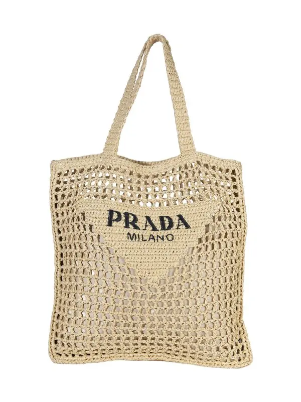 Prada Natural Raffia Effect Logo Crochet Tote - Neutral
